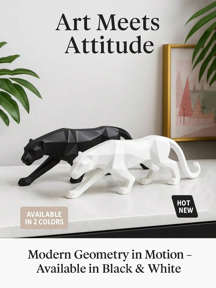 Geometric Panther Sculpture – Large Black Or White Resin Animal Decor ...