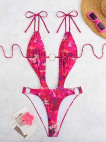 1pc Women's One-Piece Sexy Hollow Out Tie-Dye Printed Swimsuit With ...