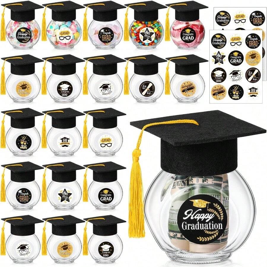 20 Sets Glass Graduation Candy Gifts Glass Jar With Cap And Tassel ...