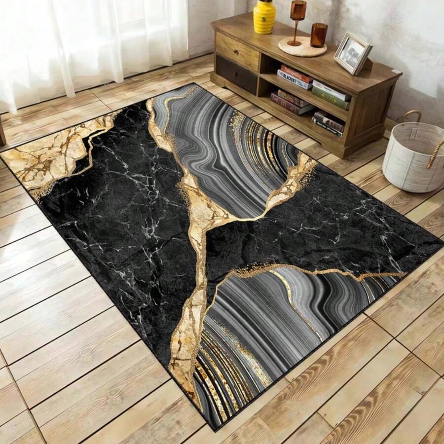 84x60in/7x5ft Marble Rug, Living Room Rug, Black Gray Gold Marble Rug ...