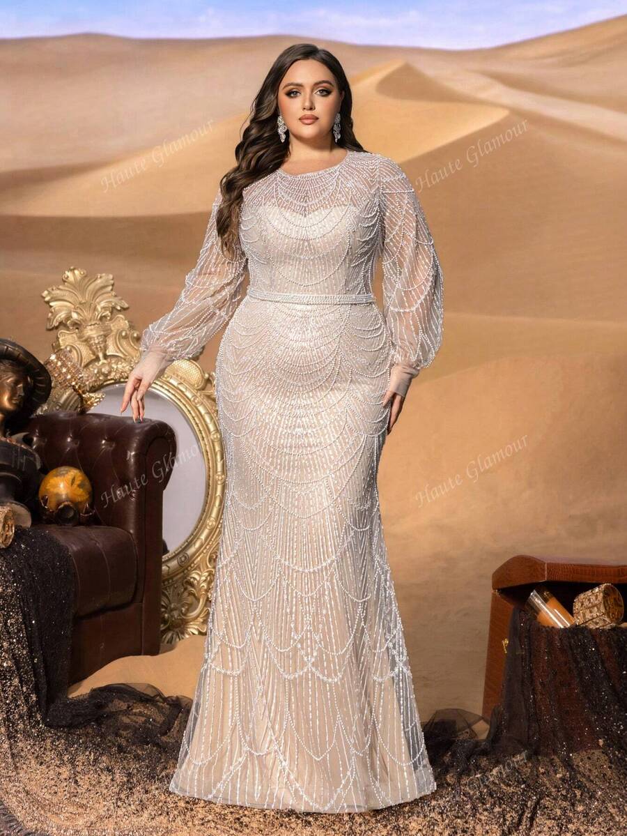 Plus Luxury Beaded Mermaid Evening Gown With Sheer Sleeves & Intricate ...
