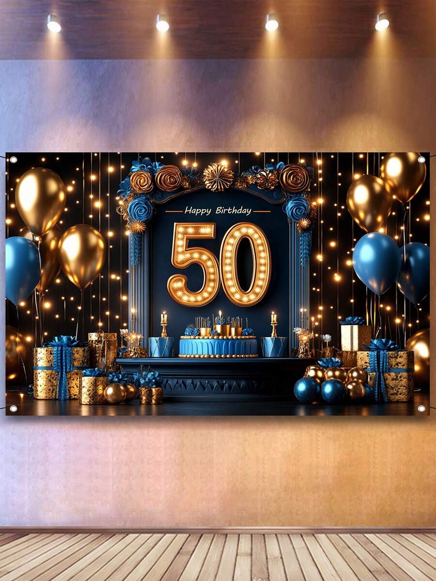 1Pc Navy Blue And Golden Birthday Backdrop,Happy 50th Birthday ...