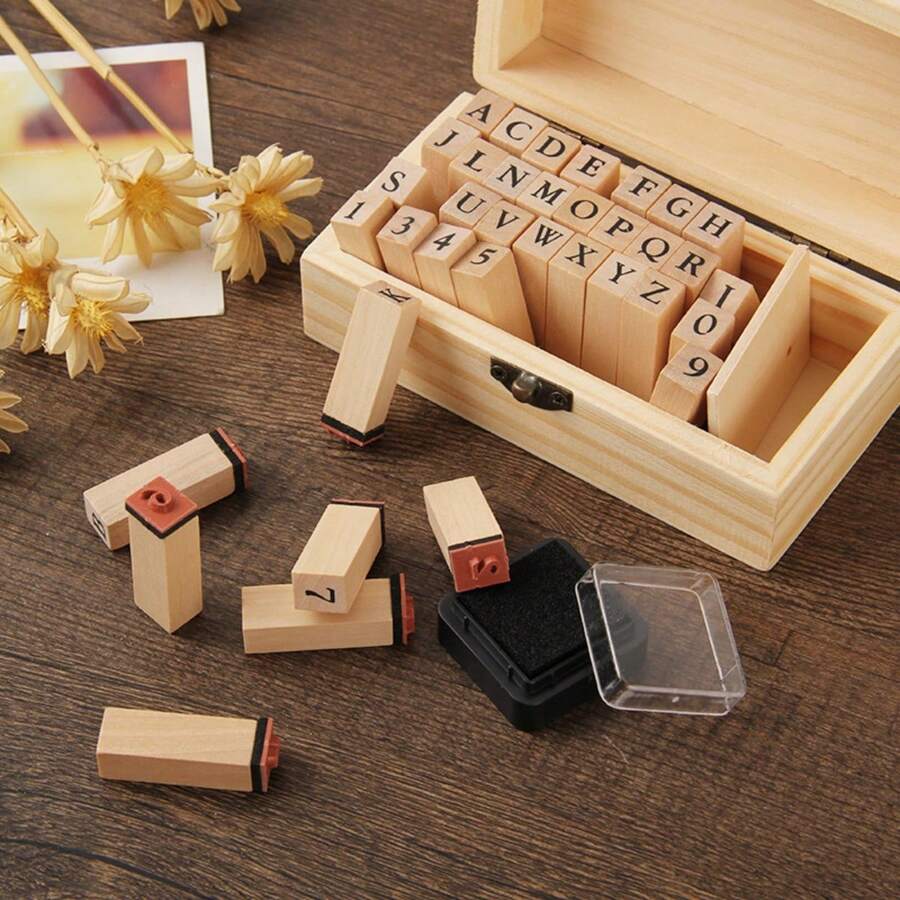 36pcs Wooden Combination Stamp Set With Inkpad, Letter & Numeric ...