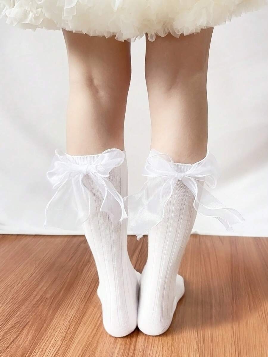 1 Pair Children's Solid Color Vertical Stripe Bow Decor Mid-Calf Socks ...