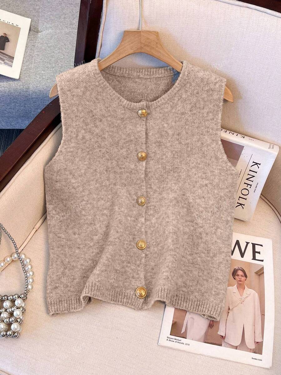 1 pieza Chaleco de punto con botón de metal suave y minimalista de unicolor, versátil chaleco de ...