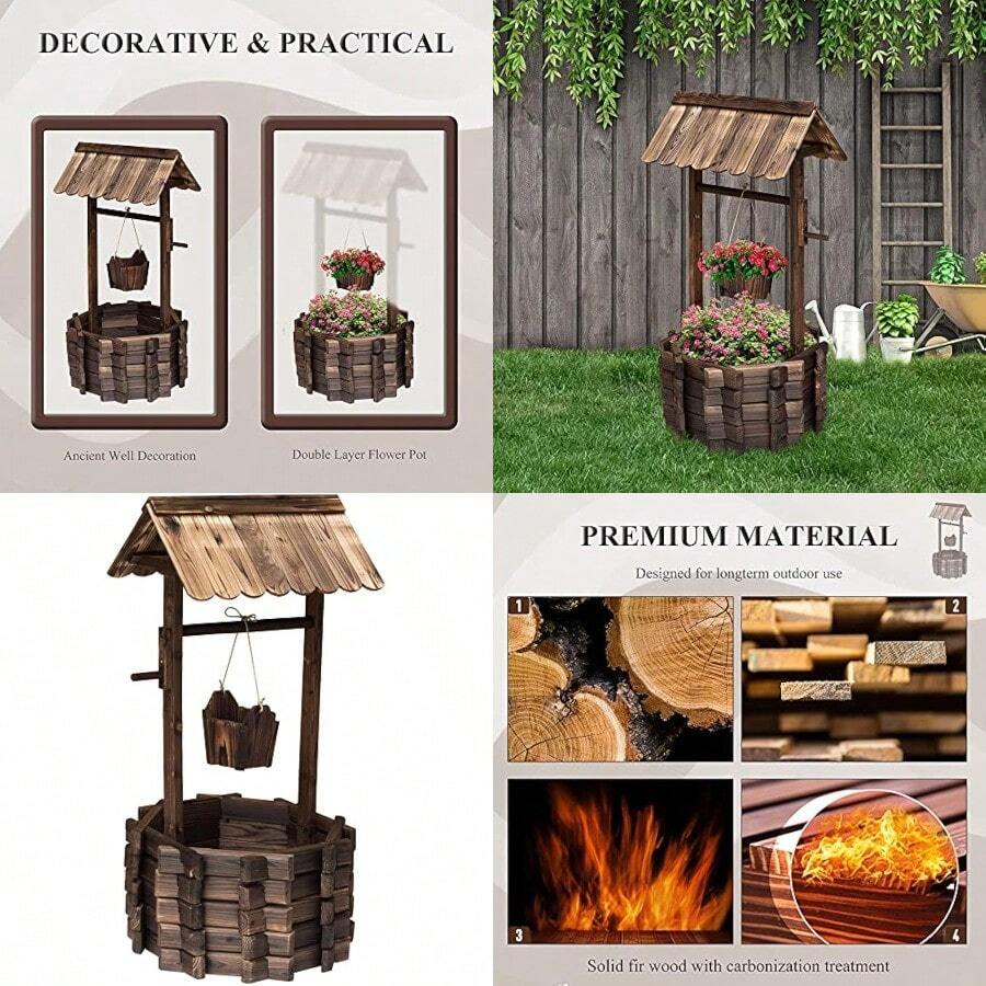 Wooden Wishing Well Planter Garden Feature Outdoor Flower Pot With ...