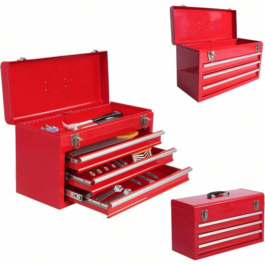 Tool Chest, Portable 3 Drawer Steel Toolbox With Top Storage Tray ...
