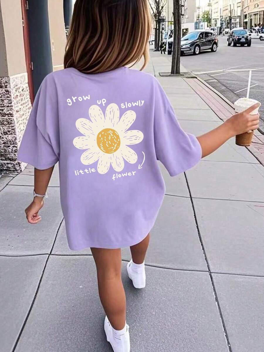Girls & Teenagers Students Casual Printed Purple Crew Neck Short Sleeve ...