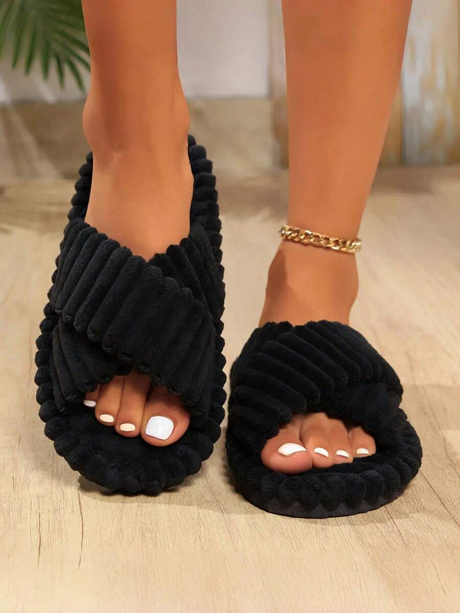 Women's Cross Strap Slippers, Comfortable Indoor Plush House Slippers ...