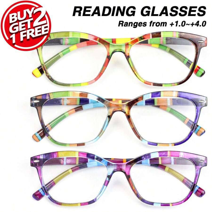 3pcs Colorful Contrast Vintage Reading Glasses Set, Minimalist Frame ...