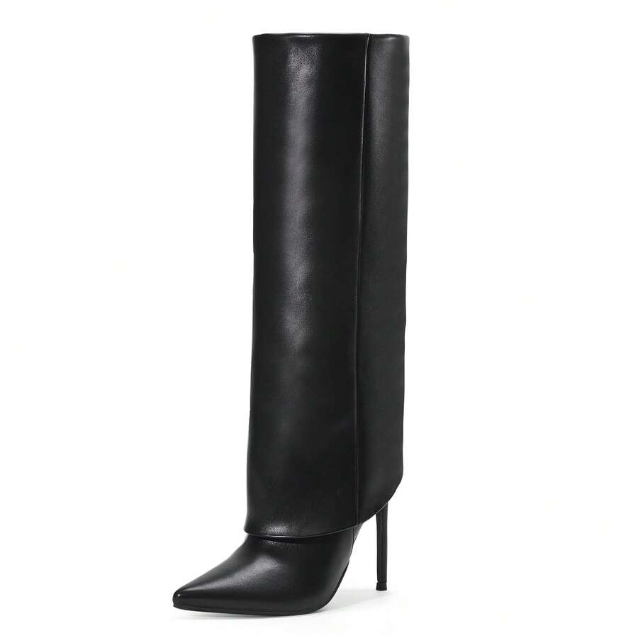 Fold Over Knee High Shark Slouchy Leather Boots For Women Pointed Toe ...