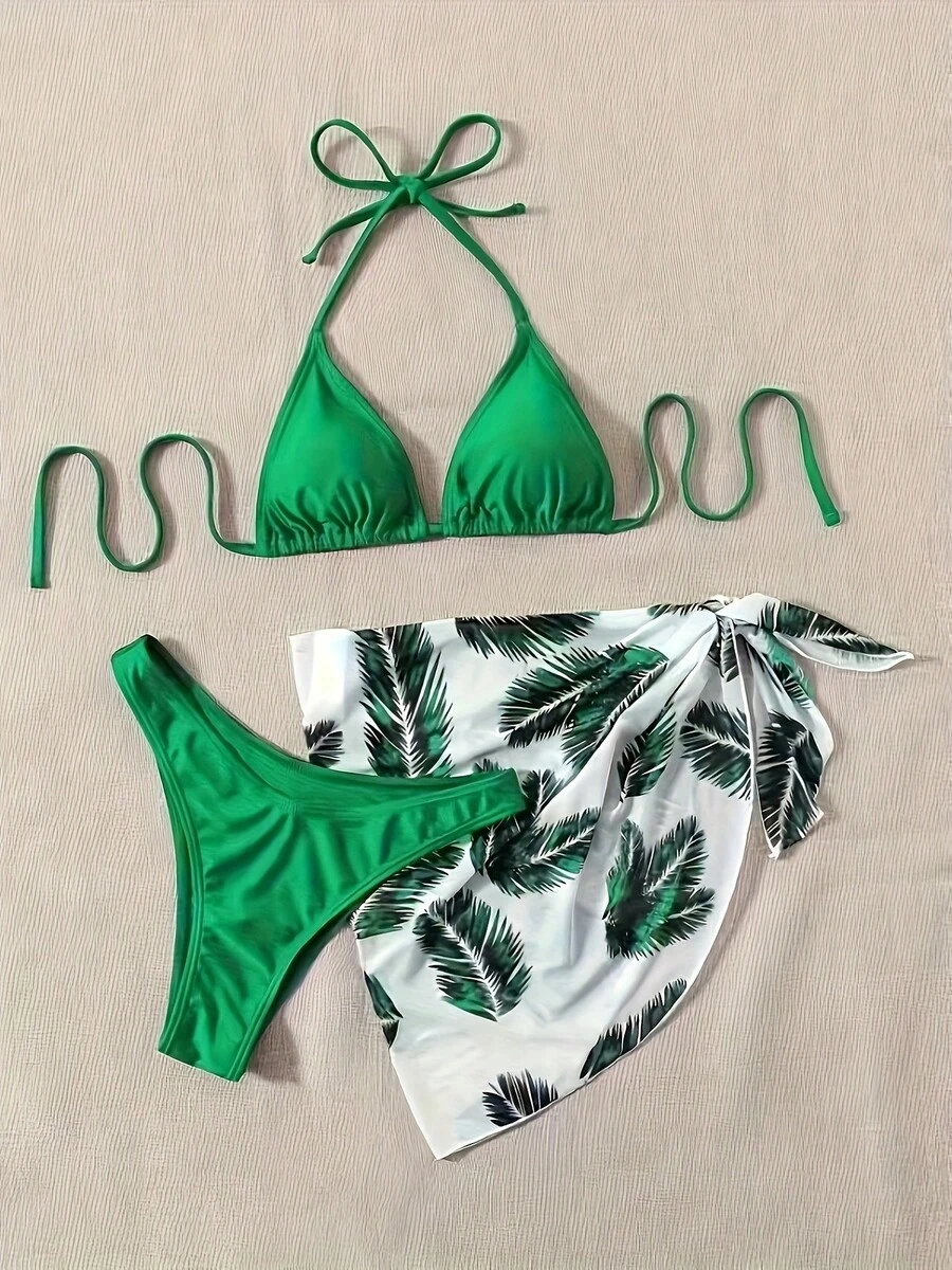 Women's Three Piece Elegant Resort Style Swimsuit Set, Solid Color ...