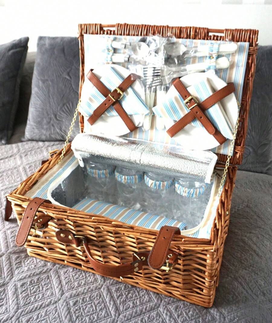 Luxury 4 Person Wicker Picnic Basket| Complete Set For Outdoor Dining ...