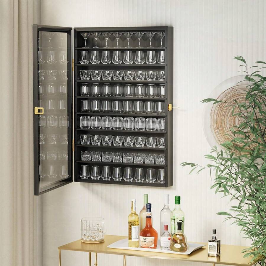 Black Shot Glass Display Case With Lockable Door Shadow Box Bar Cabinet ...