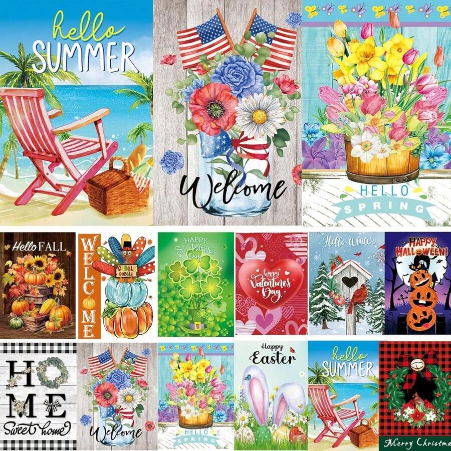 Seasonal Garden Flags Set Of 12-Double Sided 12 X 18 Inch Outside Yard ...
