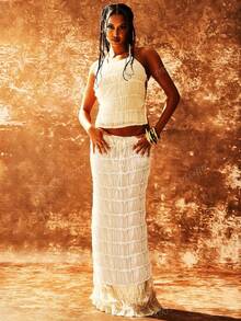 2pcs/Set Apricot Chiffon Multi-Layer Ruched Lace Trim Halter Backless ...