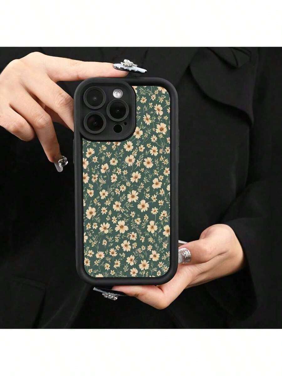Black Frame Phone Case - Deep Green Base With Delicate Cream Daisy ...