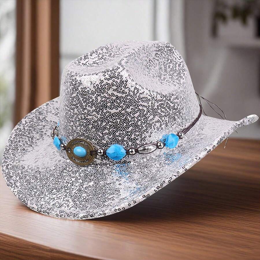 Women Cowgirl Hat, Shiny Sequins Soft Wide Brim Hat Stones Western Hat ...