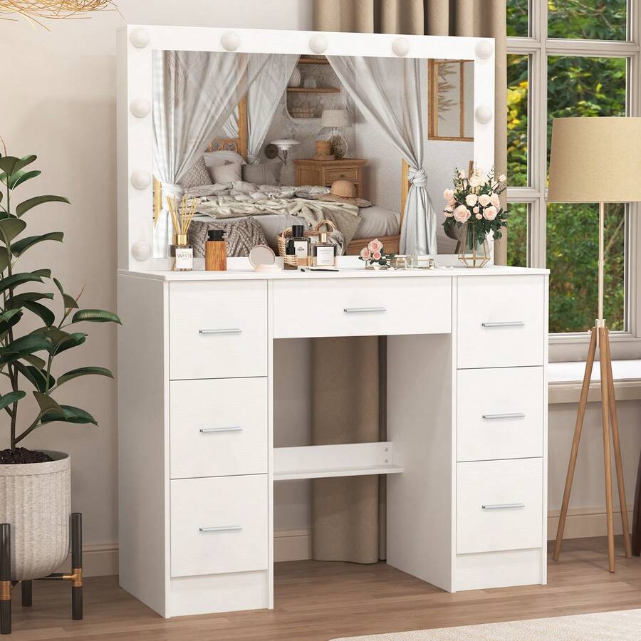 Large Vanity Set With LED Lighted Mirror Makeup Dressing Table With 7 ...