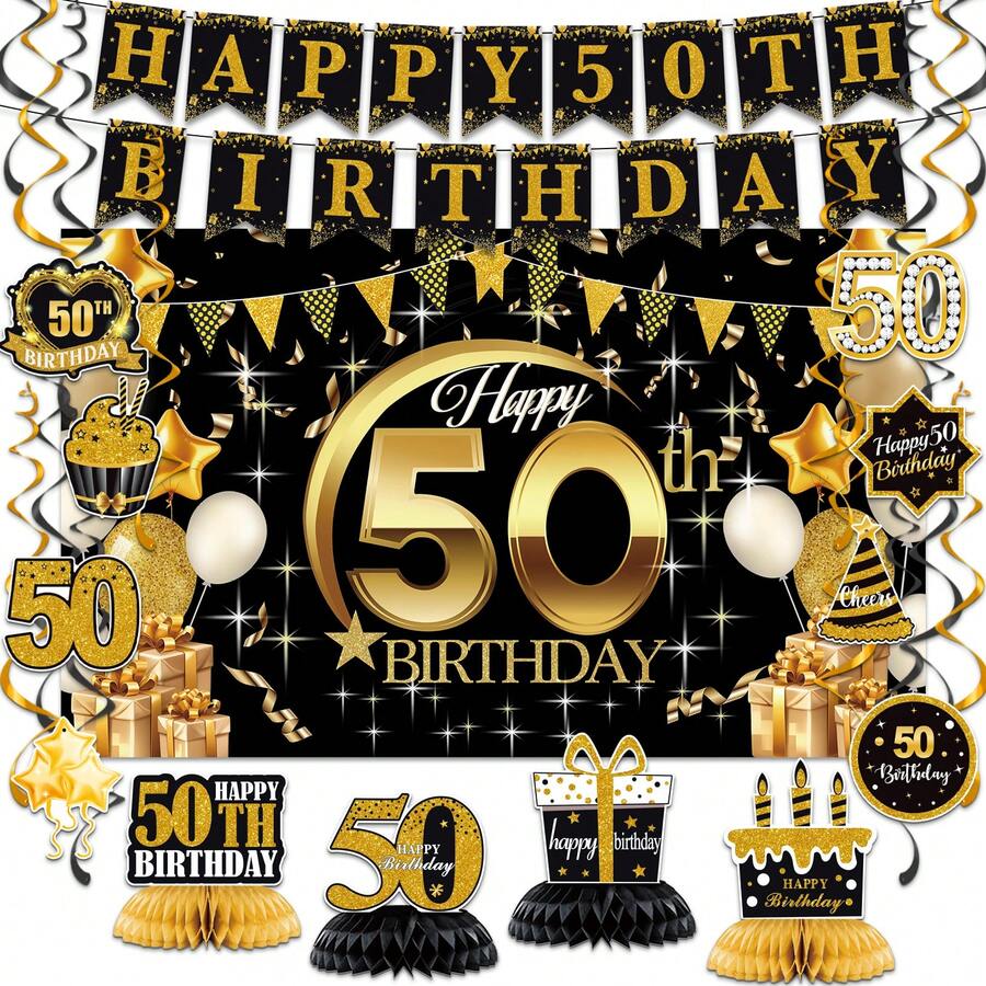 12-Piece All-In-One Birthday Decorations Kit For 50th Party, Includes ...
