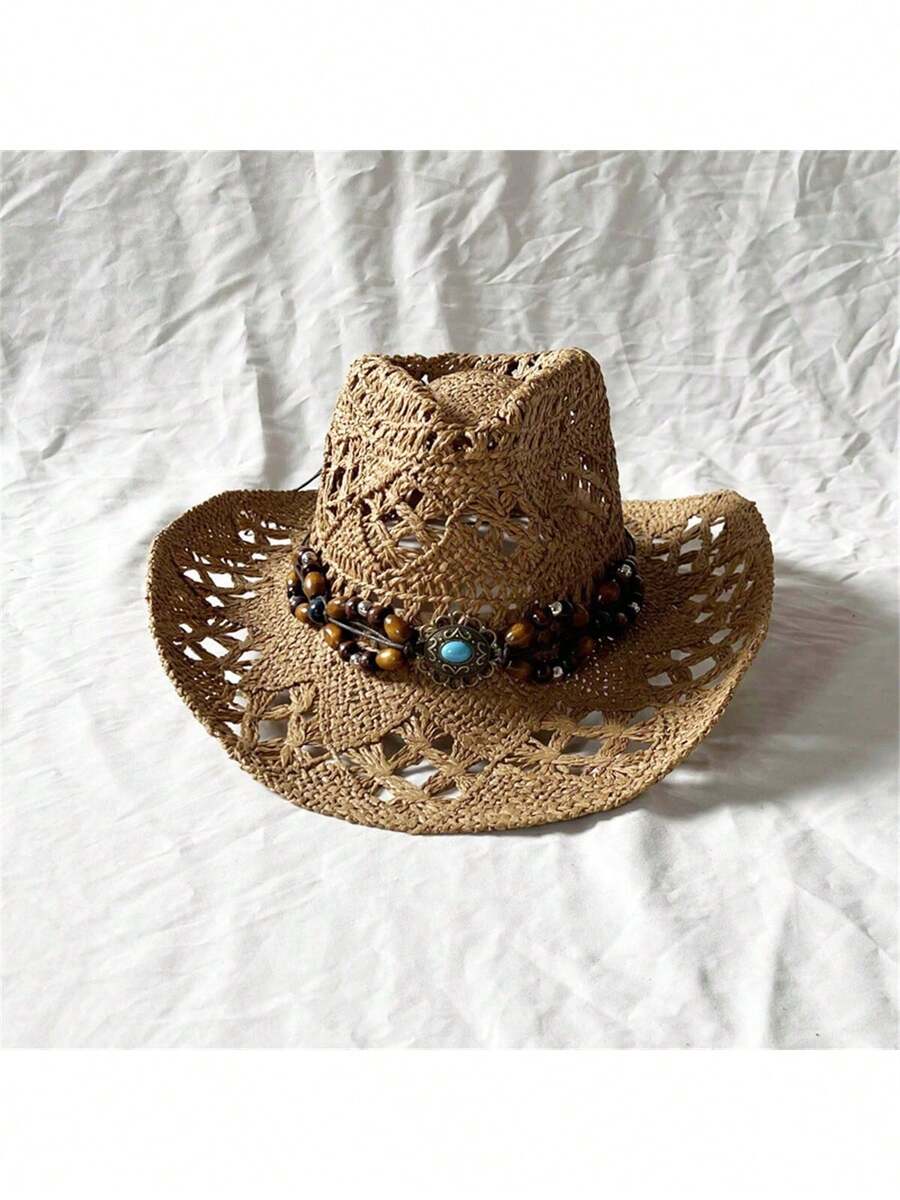 1pc Handmade Gemstone Marigold Mesh Straw Cowboy Hat, Wide Brim Curling ...