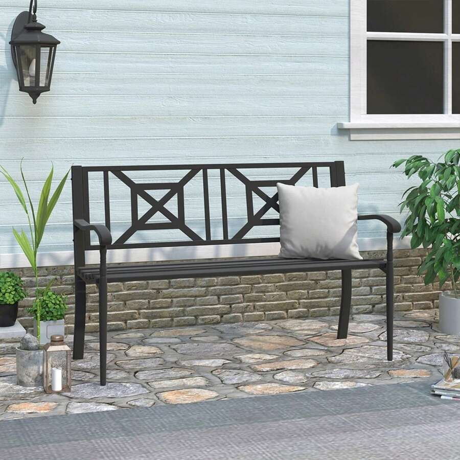 *High Back Outdoor Metal Garden Bench Steel Patio Loveseat Park Bench ...