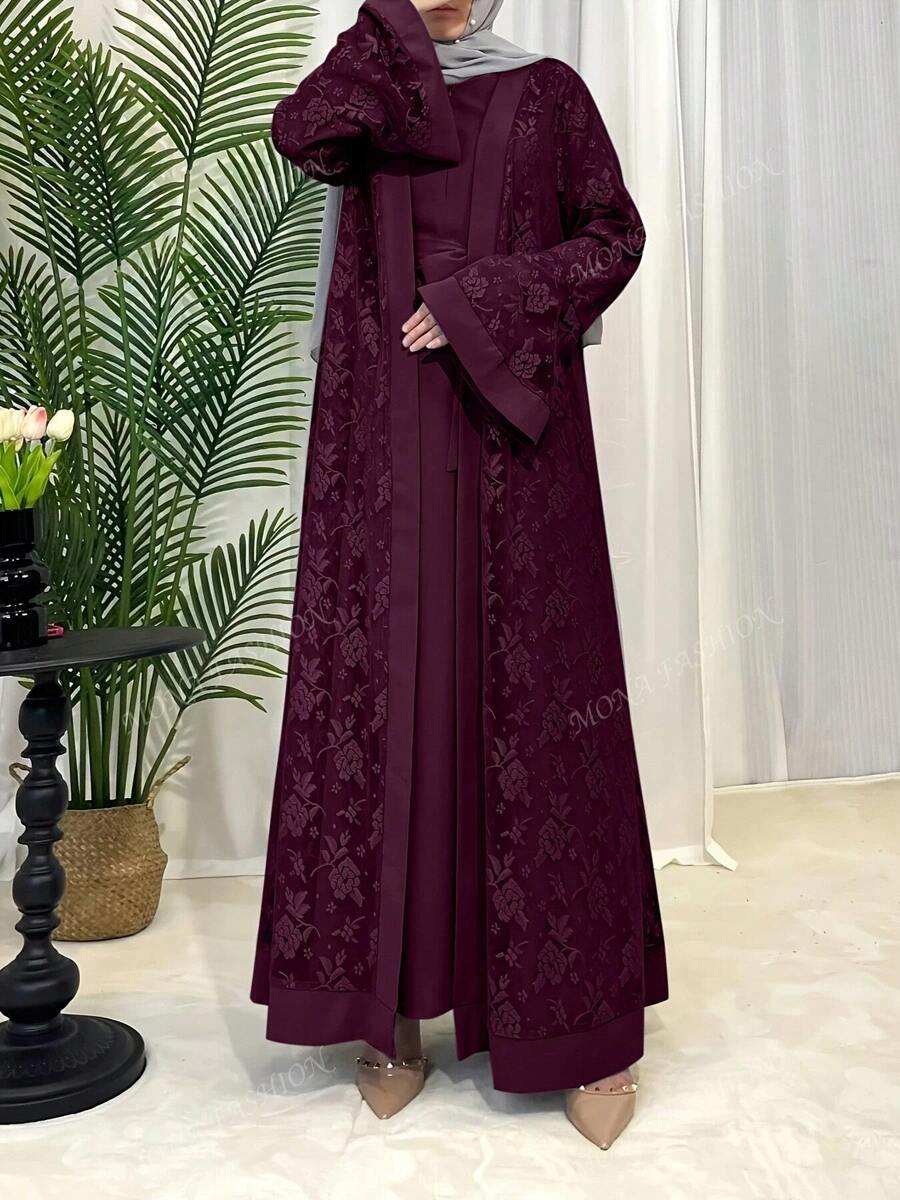 2pcs Set: Solid Color Lace Kimono Cardigan & Long Sleeve Dress, Elegant ...