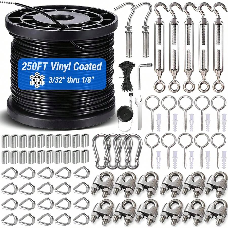 250FT 1/8" Black Wire Rope Kit, Vinyl Coated 304 Stainless Steel Wire ...