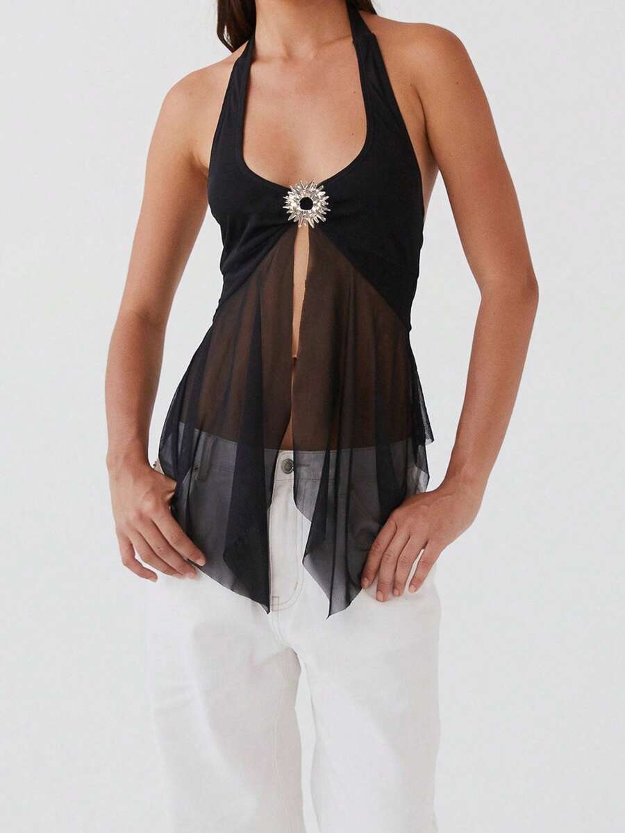 Women Y2K Split Front Halter Tops Sheer Mesh Scoop Neck Flowy Tank Top ...