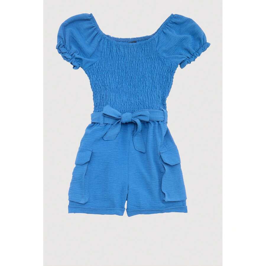 Girls Puff Sleeve Smocked Cargo Romper | SHEIN USA