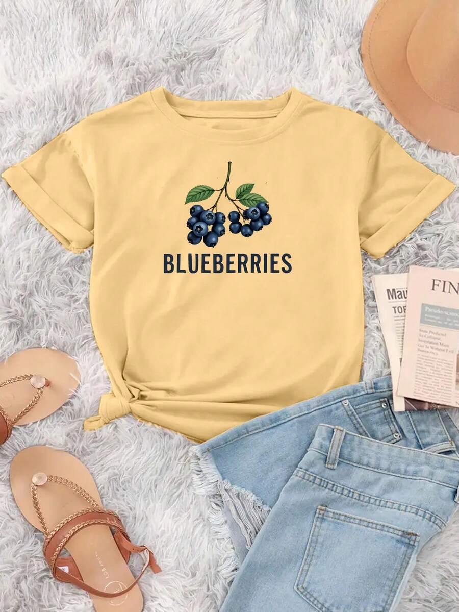 Women's Blueberries Themed Cotton T-Shirt, Yellow Tee With Blueberries ...