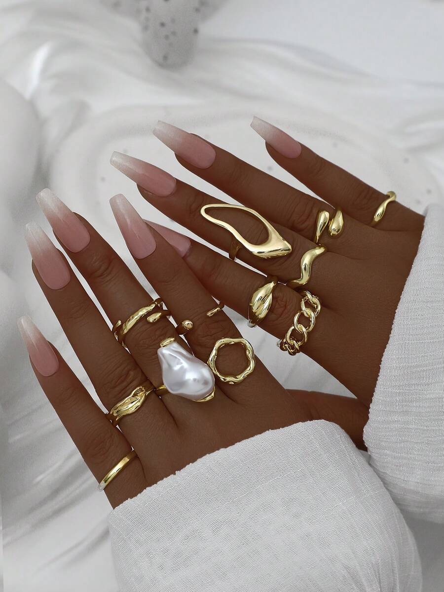 12pcs Smooth Geometric Shape Oversized Fashion Rings, Vintage Coin ...
