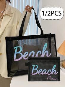 1 Set Of Large Mesh Beach Tote Bag With Small Zipper Mesh Bag, Foldable ...