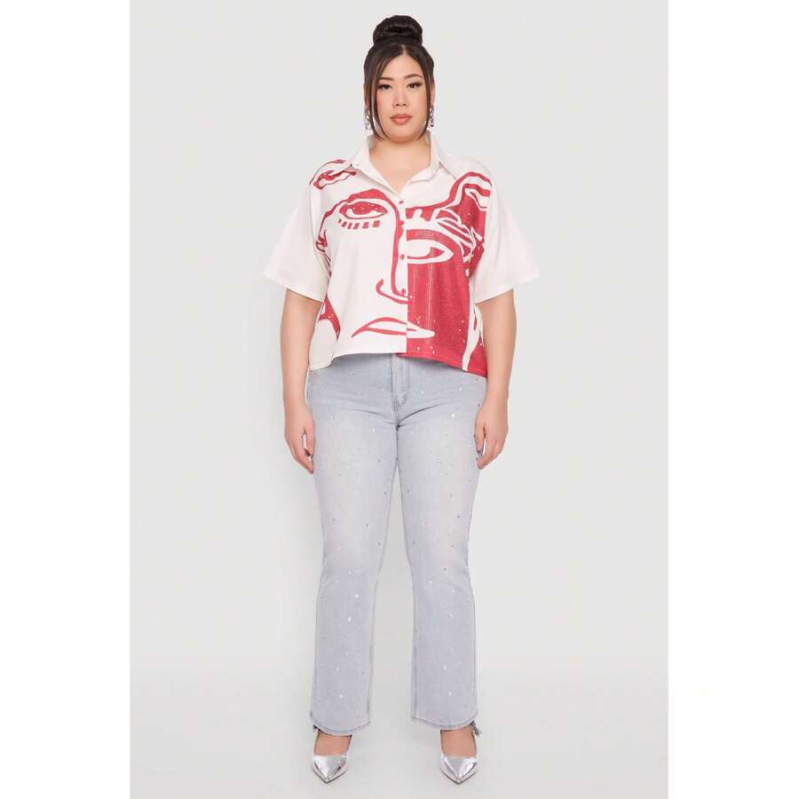 Rainbow Shops Plus Size Rhinestone Abstract Face Graphic Shirt | SHEIN USA