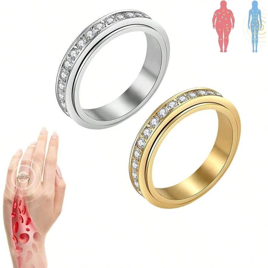 Vikanda Thermogenic Moissanite Spinner Ring2Pcs SingleRow Diamond Encrusted Rotating Rings ...