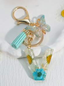 1pc Initial Letter Keychain, Pink Cute Daisy Dried Flowers Keyring ...