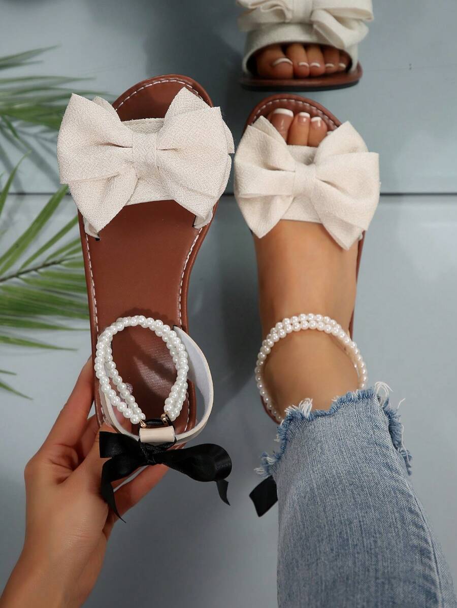 Plus Size Women's Faux Pearl Ribbon Bowknot Strap Casual Fashion Open Toe Slip-On Sandals For ...