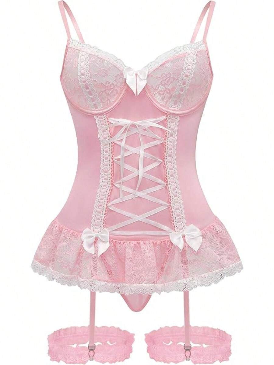 Rave Mesh Corset Ruffle Lace Up Underwire Sheer Garter Belt Babydoll ...