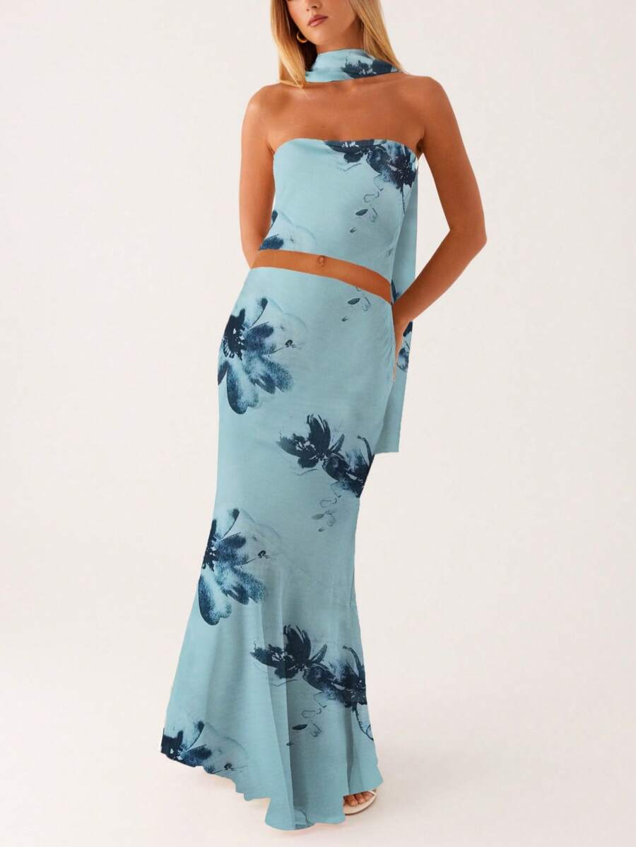 Women 2 Piece Outfit Maxi Skirt Set Y2K Floral/Solid Color Strapless ...