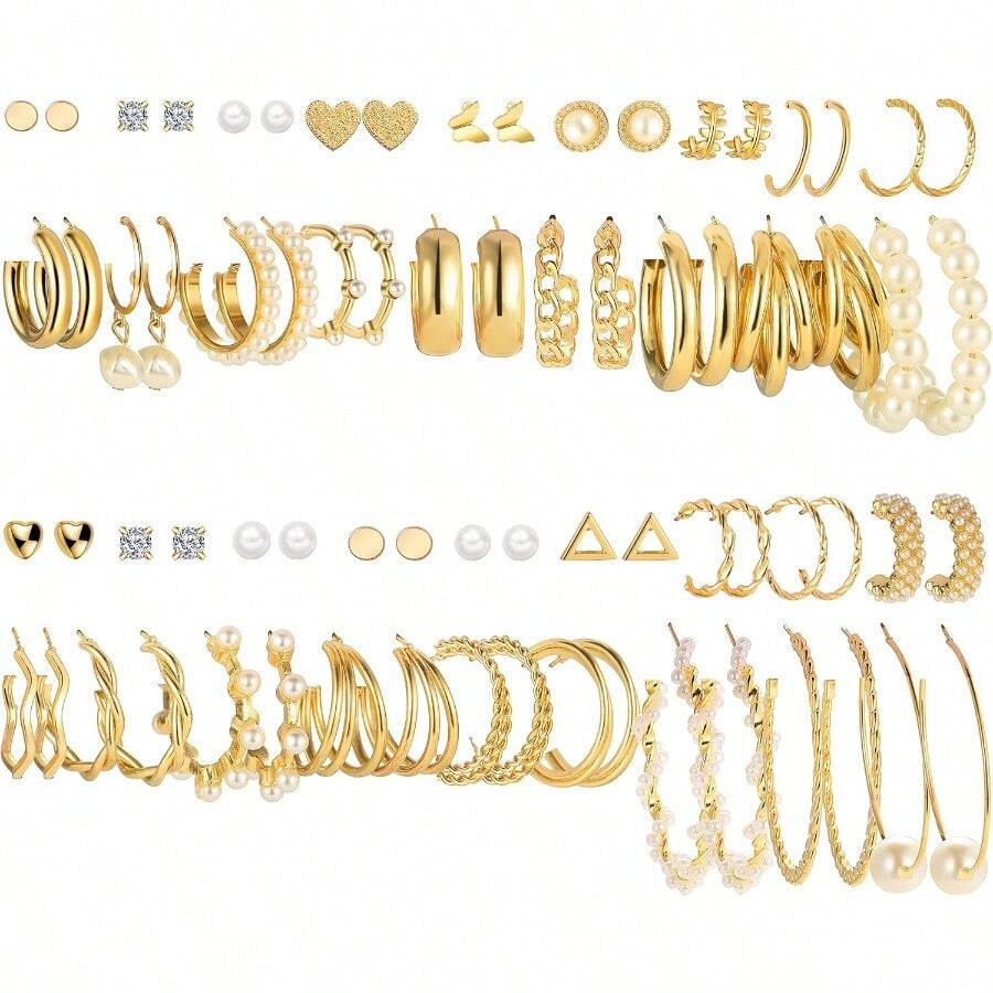FAXHION 36 Pairs Gold Earrings Set For Women Fashion Pearl Chain Link Stud Drop Dangle Earrings ...