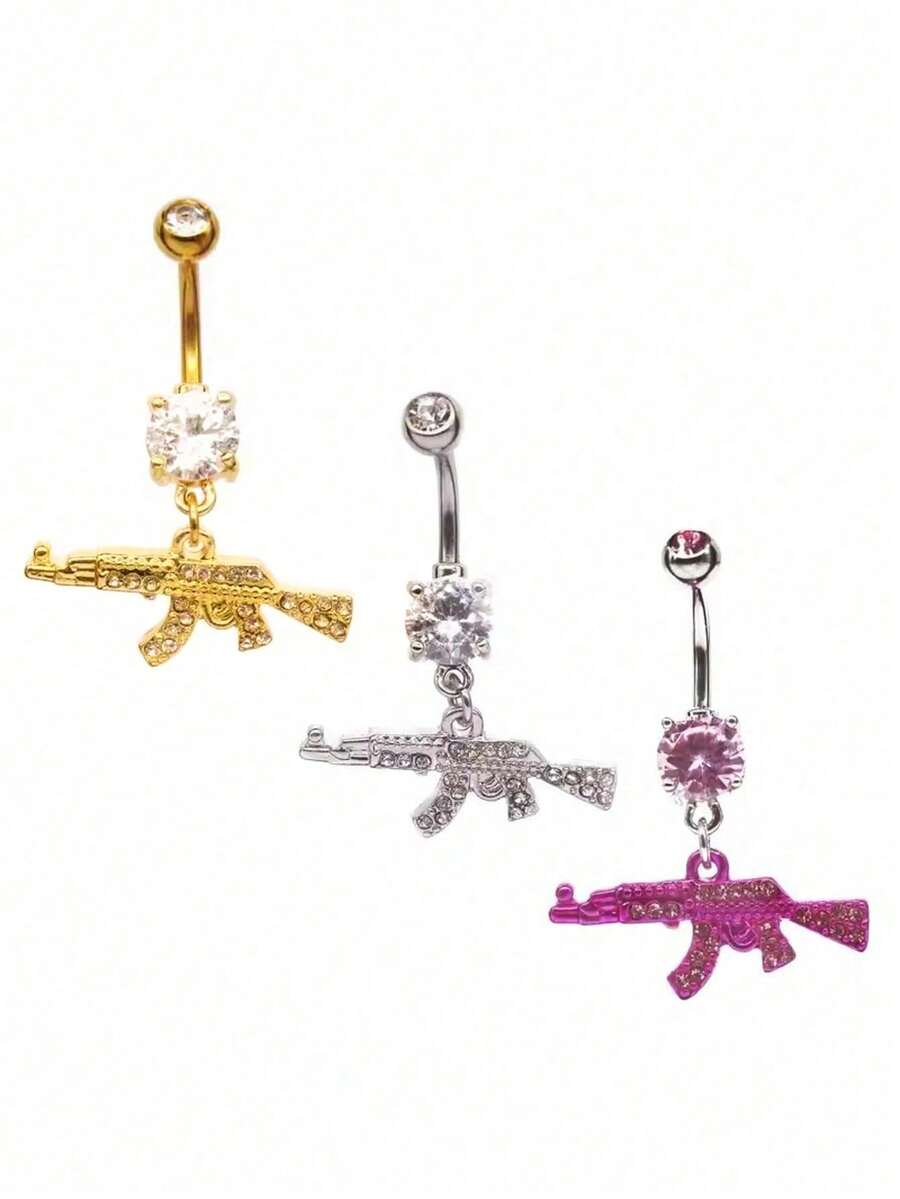 1 Gun Shaped Geometric Pendant Navel Ring Navel Nail Cool Rhinestone ...