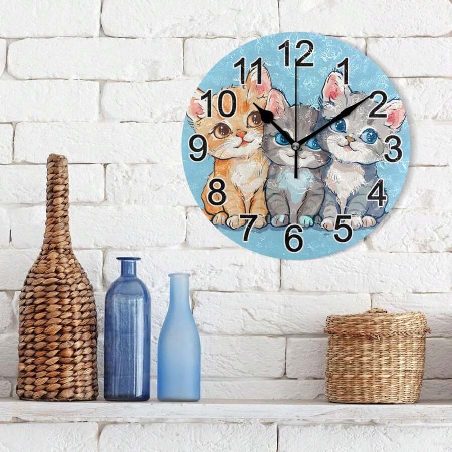 Cute Cats Cartoon Wall Clock Non Ticking Silent Kitchen Clock Large ...