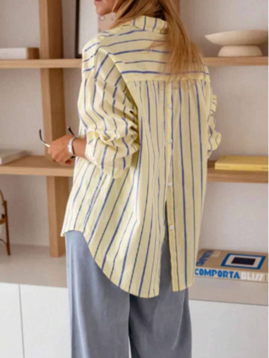 Women's Back Slit Button Striped Unique Elegant Blouse, Striped Button ...