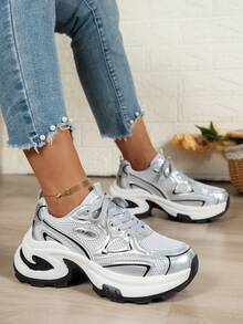 Chunky Platform Soft Leather Sneakers, Breathable Mesh Running Shoes ...