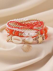 7pcs/Set Seashells, Pearls & Starfish Beads Layered Bracelet Set, Boho ...