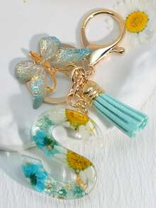 1pc Initial Letter Keychain, Pink Cute Daisy Dried Flowers Keyring ...