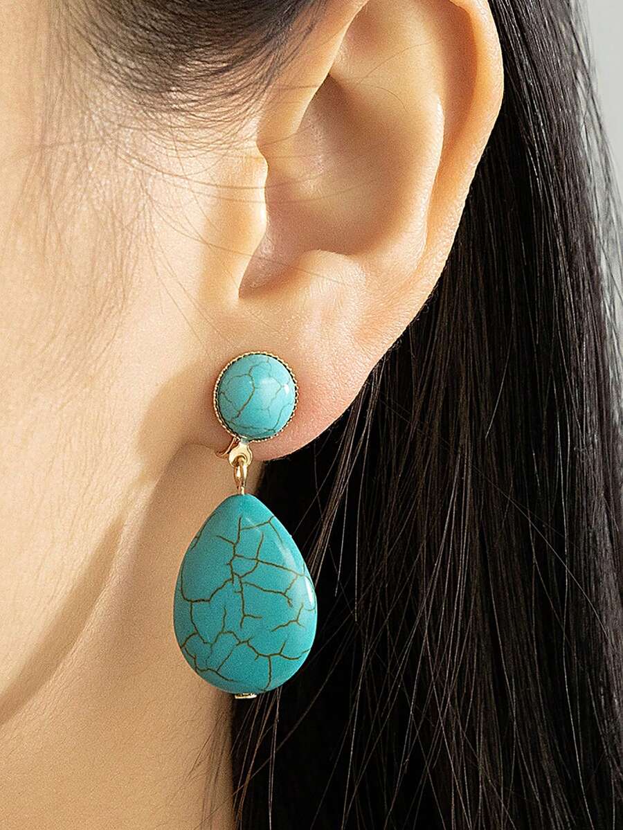 1 Pair Bohemian Style Oval Turquoise Ear Clips, Geometric Earcuff For ...