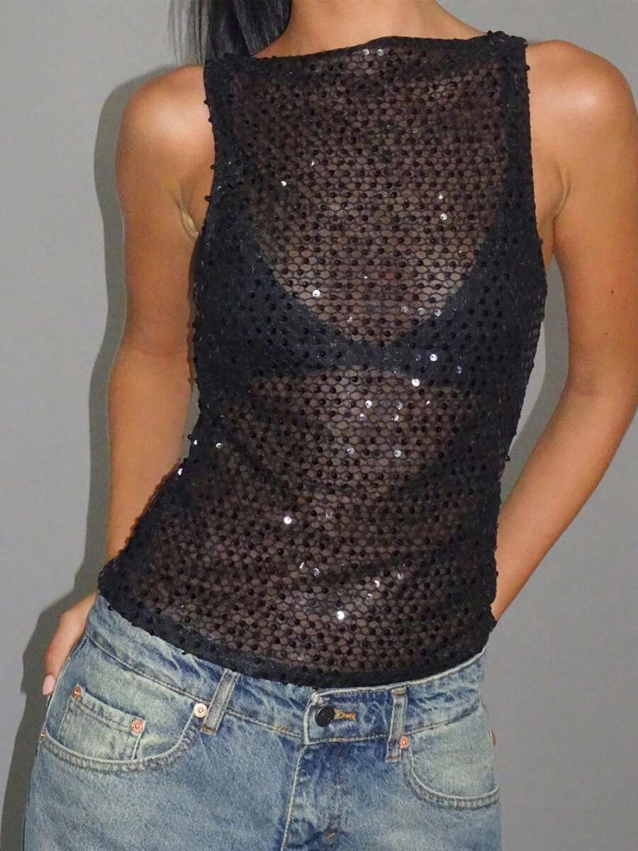 Camiseta de tirantes con lentejuelas para mujer, ajustada, transparente ...