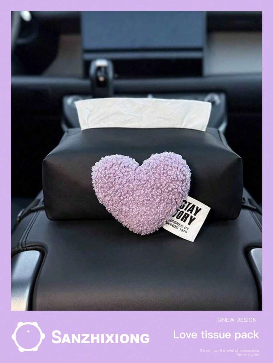 1pc Plush Heart-Shaped Car Tissue Box, Automobile Center Console Tissue ...