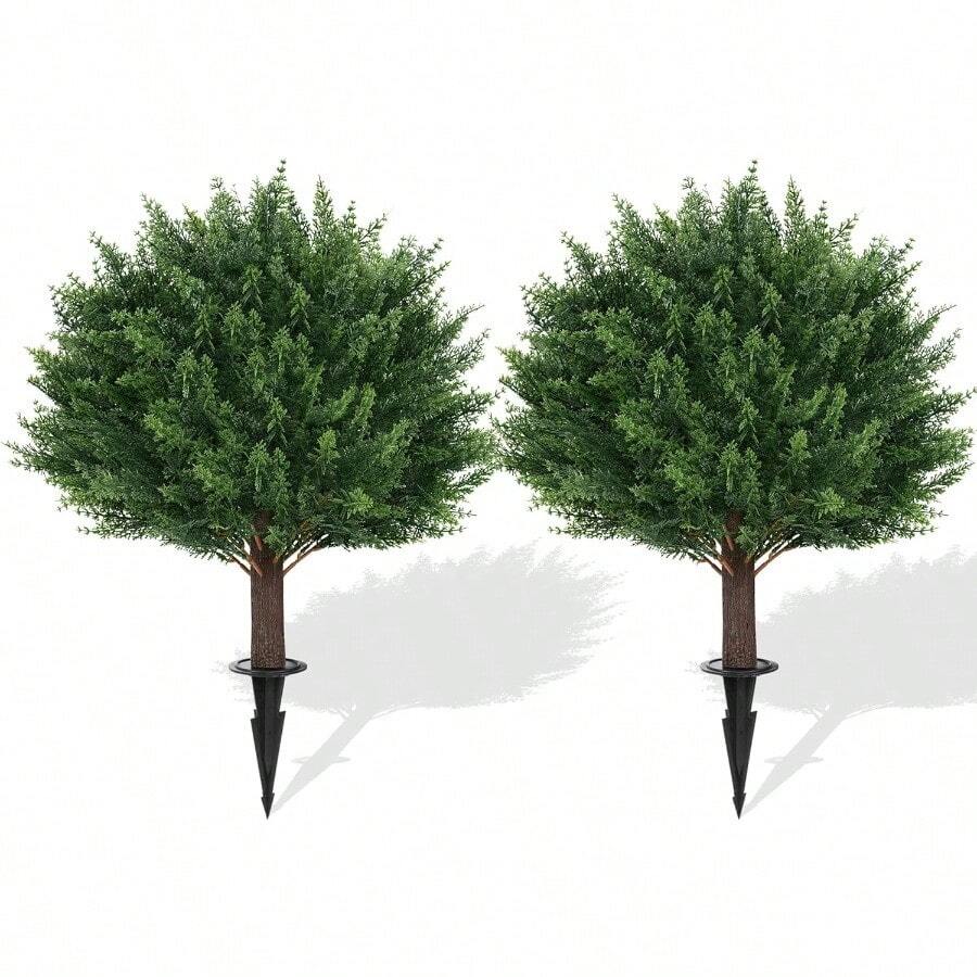16 Inches Artificial Cedar Topiary Ball Trees With Ground Spike 2 Pack ...